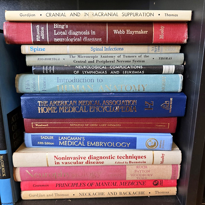 The medical section: perfect for aspiring mad scientists, Halloween decorators, or that friend who casually drops "according to this 1950s neurology text" into dinner conversations.
