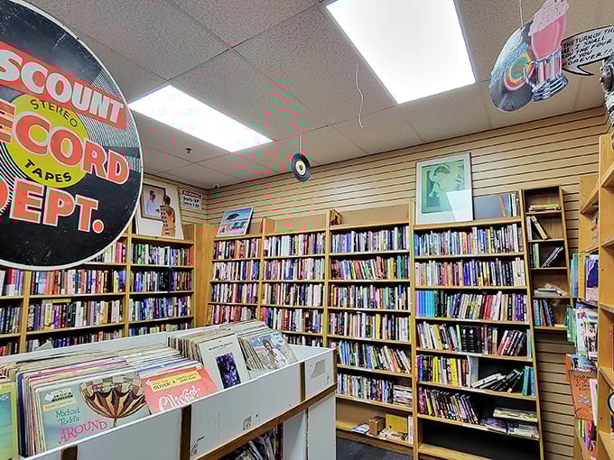 Literary treasures line these shelves like an analog Kindle unlimited. From bestsellers to obscure gems, every book deserves a second chapter.