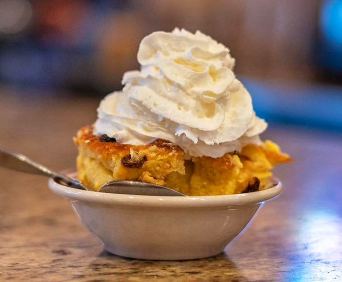 Bread pudding crowned with a dollop of whipped cream &ndash; proof that yesterday's bread can become today's moment of sweet, custardy bliss.