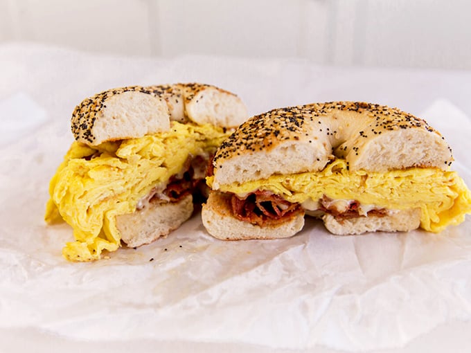 Breakfast on a bagel&mdash;the morning equivalent of a warm hug. Golden eggs and crispy bacon nestled together like old friends.