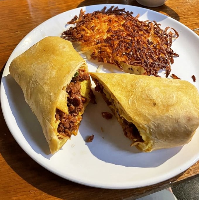 That breakfast burrito stands ready to fuel your day while those hash browns provide the crispy soundtrack.