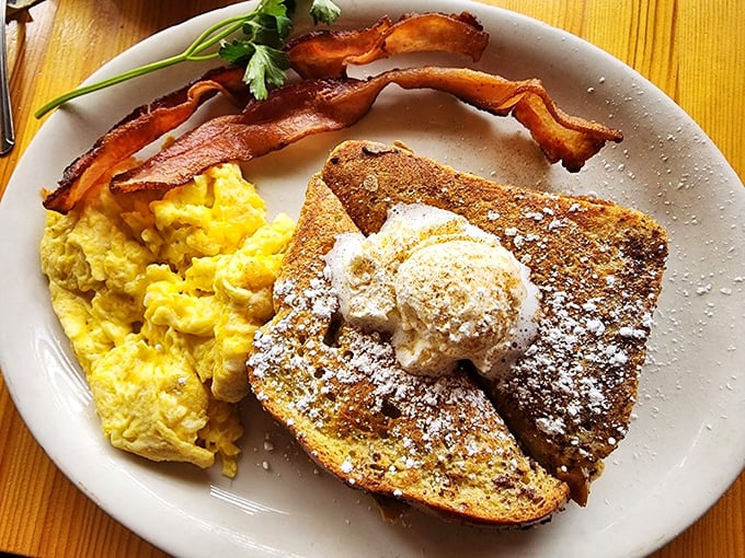 French toast with a cloud of whipped butter, scrambled eggs, and bacon&mdash;the breakfast trinity that's converted more morning skeptics than coffee.
