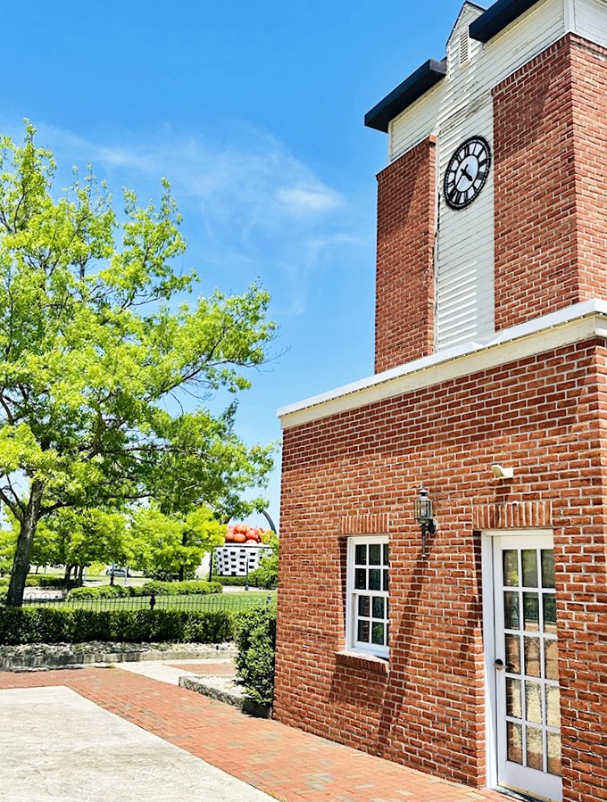 Even stately brick buildings seem to tip their clock-tower hats to the basket's magnificent presence in this charming community.