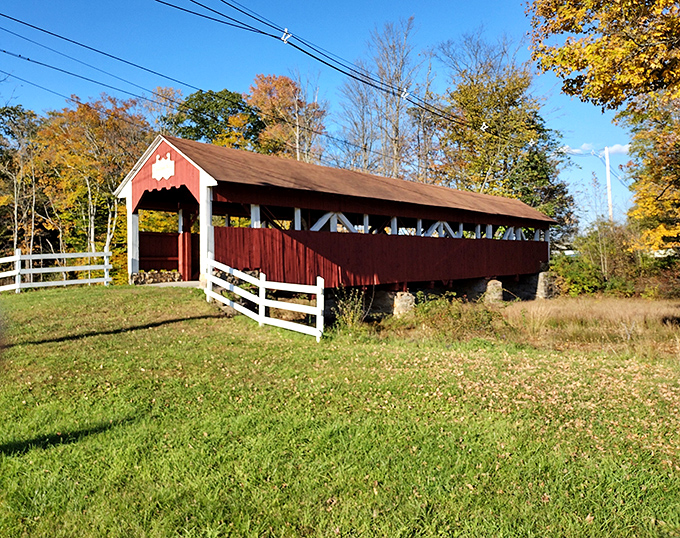 Fall foliage creates nature's perfect frame for the crimson bridge. When autumn leaves meet red boards, Pennsylvania shows off its most photogenic side.