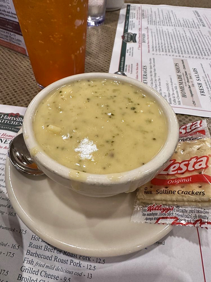 This broccoli cheese soup isn't just a starter&mdash;it's a warm, creamy embrace in a bowl, complete with saltines standing by for dunking duty.