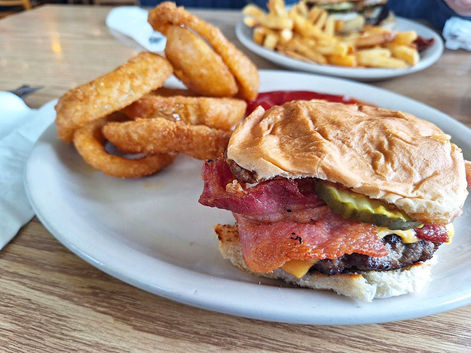 A burger that doesn't need a fancy name or 27 toppings&mdash;just honest beef, proper fixings, and onion rings that could double as edible jewelry.