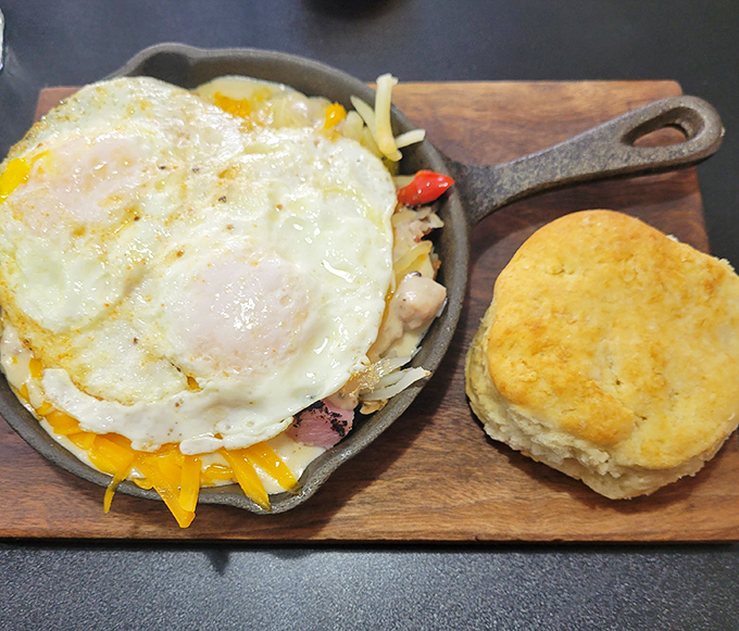 The Busy Bee Skillet doesn't just feed you&mdash;it hugs your insides. Eggs, cheese, and all the breakfast fixings served in a cast iron pan that means business.