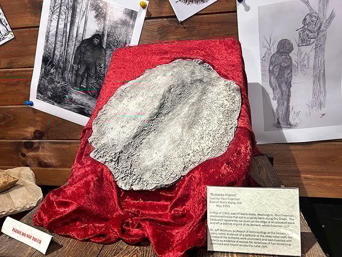 The "Buttocks Imprint" display rests on regal red velvet, proving that even cryptids occasionally need to take a load off in the forest.