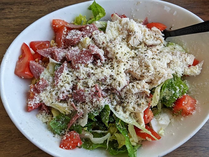 A California chopped salad for those pretending to be virtuous. The generous dusting of cheese reminds you this is still Indiana, where no salad goes undressed.
