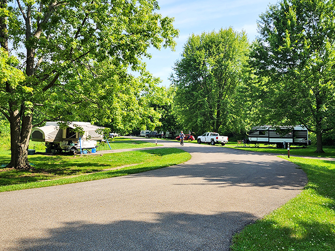 Camping at Geneva State Park: where "roughing it" means choosing between s'mores or hot dogs for dinner under a canopy of Midwestern stars.