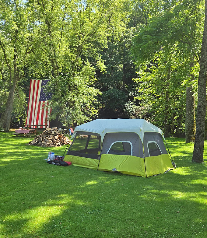 Camping nirvana: Where your temporary address includes a canopy of trees, morning birdsong, and neighbors who don't complain about your campfire songs.