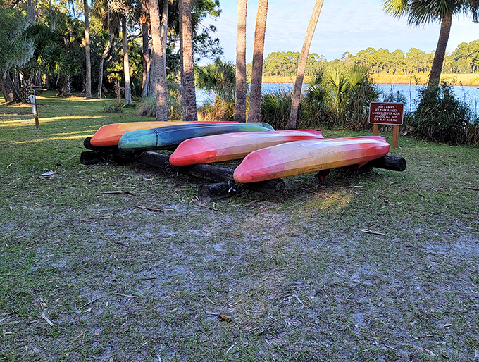Paddle your way to perspective. These colorful kayaks await adventurers ready to explore Bulow Creek from water level, where the best views are reserved for those who float.