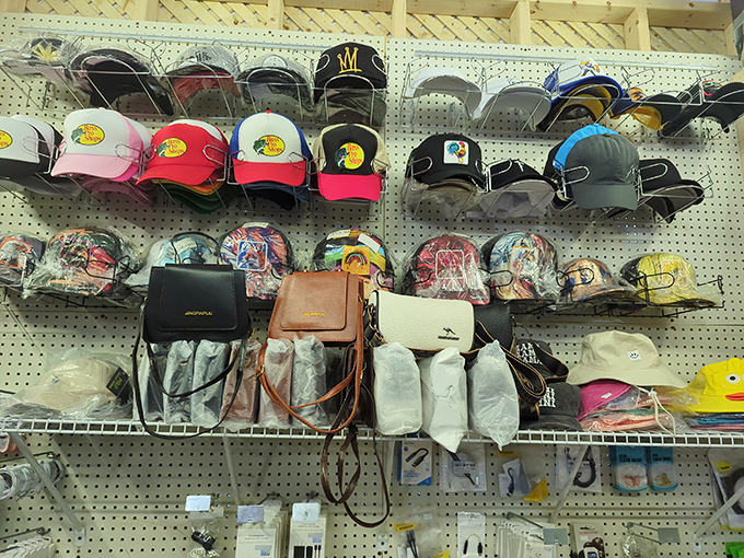 Hat heaven meets purse paradise on this pegboard of possibilities. The perfect accessory is hiding here, just waiting for you to discover it.
