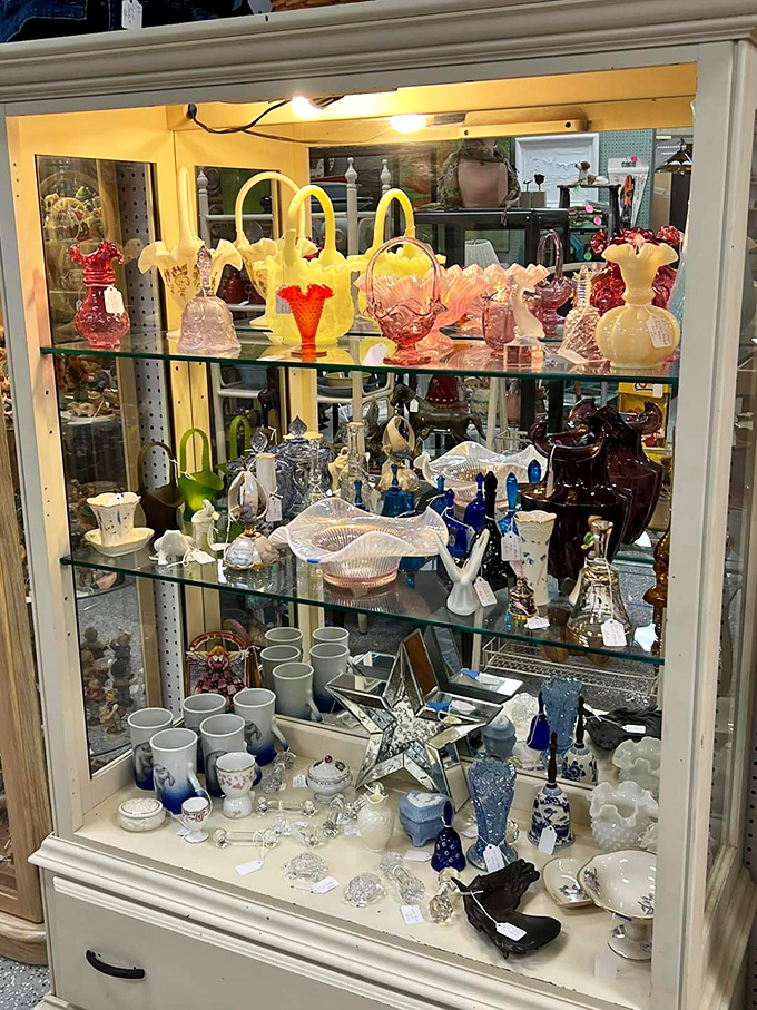 Delicate glassware catches the light like frozen rainbows. These fragile survivors of decades past wait patiently for new homes and fresh admirers.