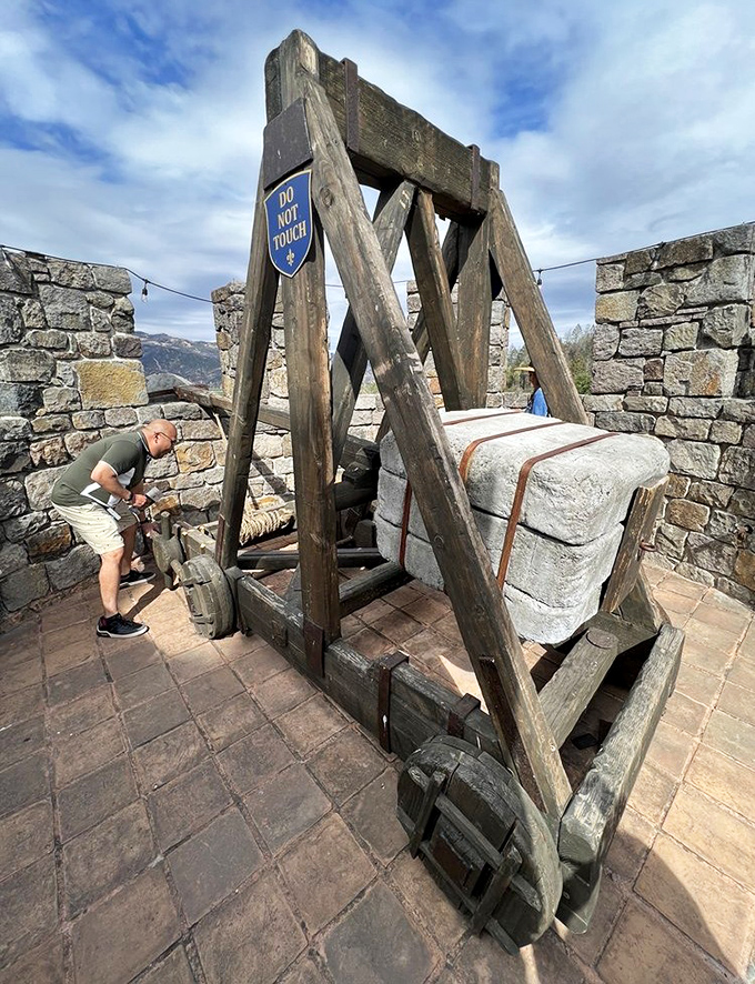 Do Not Touch indeed! This medieval trebuchet reminds us that castles weren't just pretty buildings&mdash;they were defensive powerhouses with attitude.