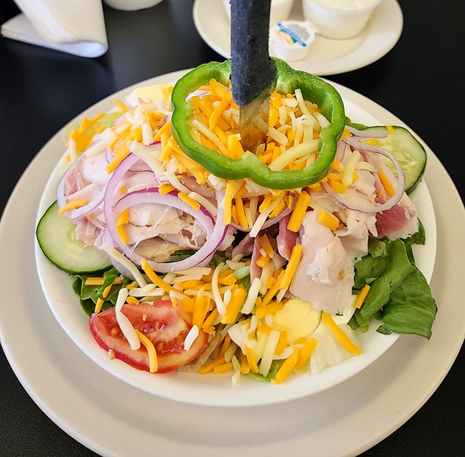 A chef salad that actually looks like someone who cares about food made it. That green pepper ring is both garnish and genius&mdash;a built-in first bite selector.