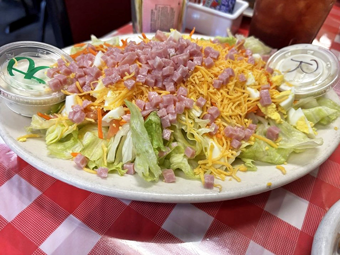 This chef salad isn't just phoning it in with a few sad vegetables&mdash;it's a colorful celebration topped with generous portions of cheese and ham.