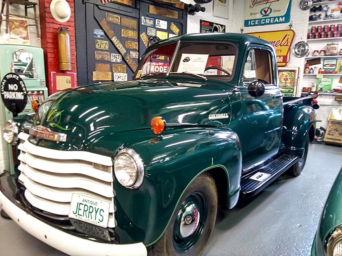 This emerald workhorse with "JERRY'S" plates proves pickup trucks weren't always monster-sized – they were just honest, hardworking, and impossibly charming.
