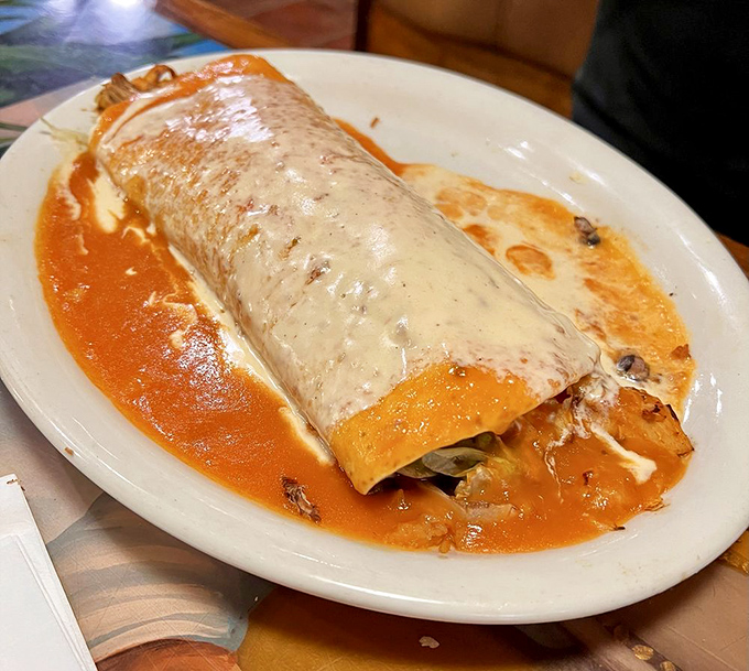 This burrito isn't just wrapped&mdash;it's embraced by that sunset-colored sauce that's practically begging to be sopped up.
