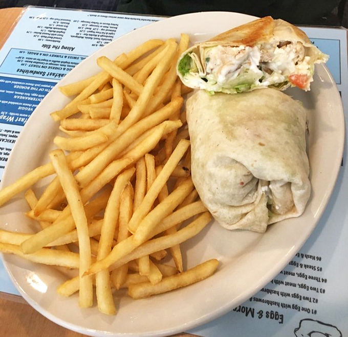 A wrap and fries combo that proves Mayberry isn't just a one-trick breakfast pony—their lunch game deserves its own fan club.