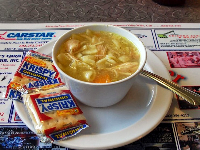 Chicken noodle soup that would make your grandmother nod in approval&mdash;served with crackers that have been solving soup emergencies since 1952.