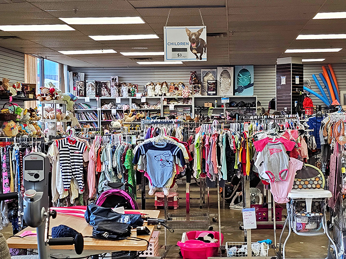The children's section is a rainbow of possibilities, where tiny fashionistas-in-training can build wardrobes without breaking their parents' piggy banks.