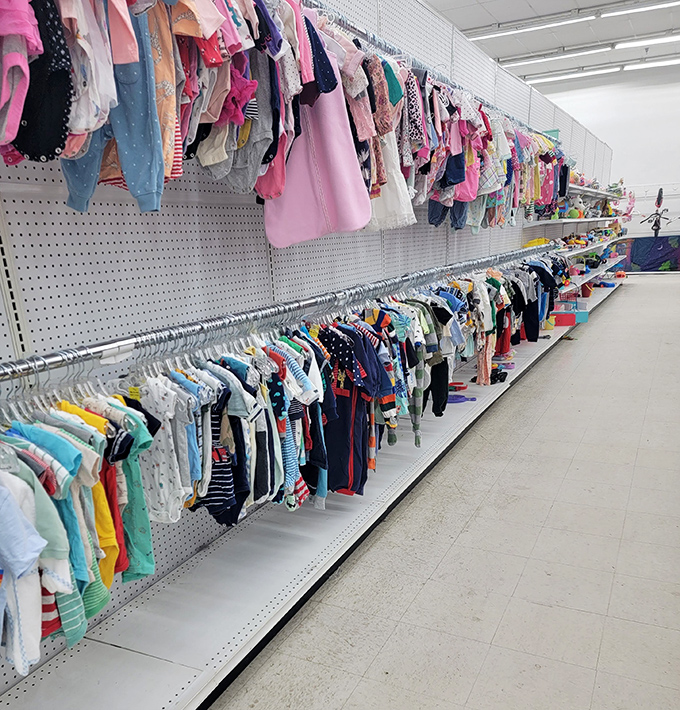 Tiny fashions at tiny prices. Parents know kids outgrow clothes faster than Michigan weather changes, making this aisle a financial lifesaver.