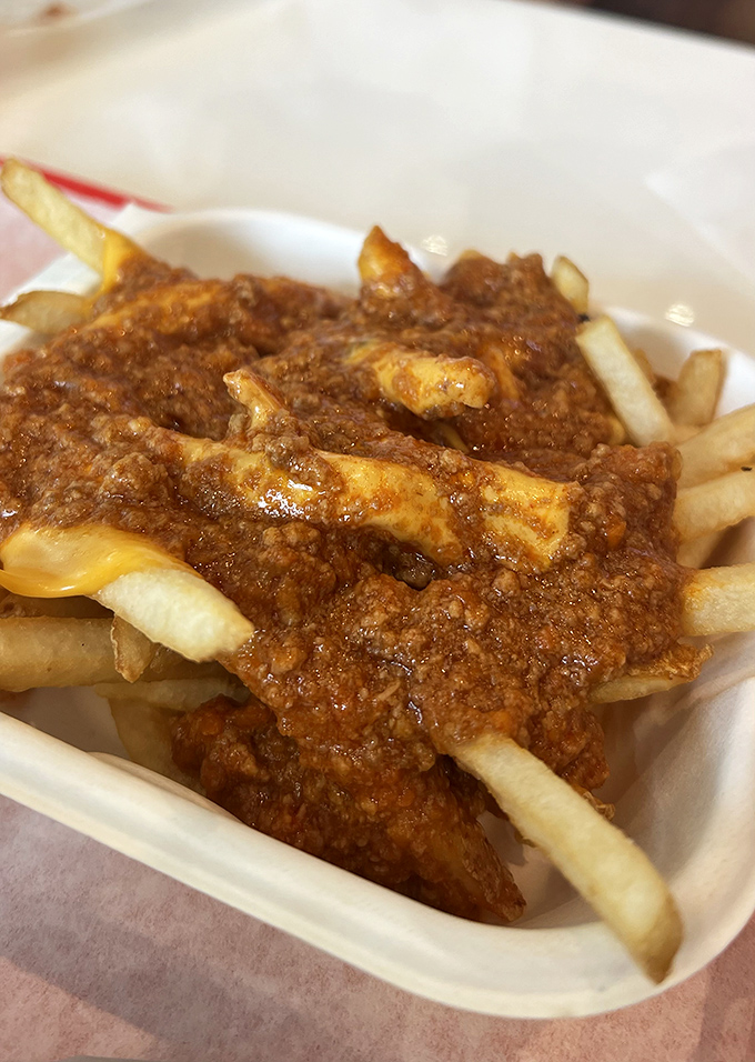 Chili fries that don't mess around&mdash;these golden sticks of potato bravery dive headfirst into a sea of hearty, beefy chili and emerge victorious.