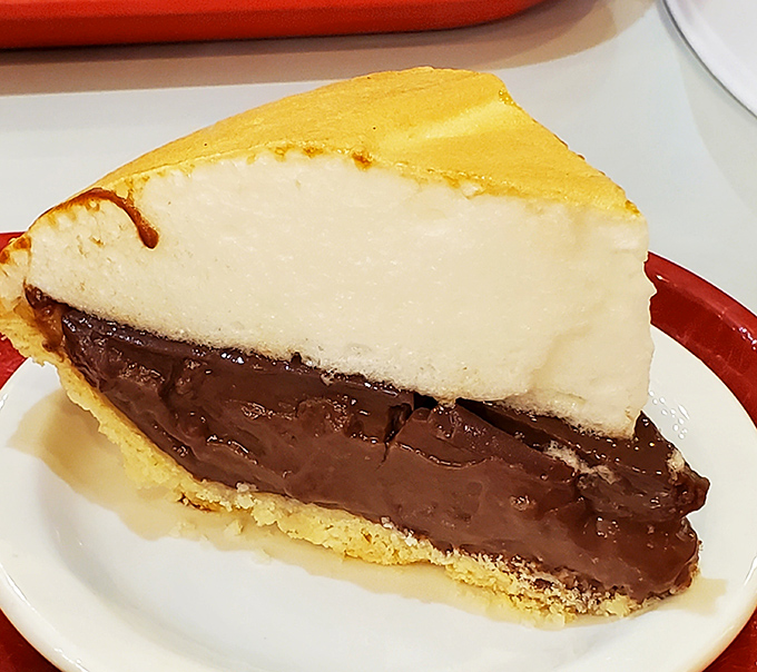 The chocolate cream pie features layers of mathematical perfection&mdash;equal parts silky chocolate pudding and cloud-like meringue that would make a geometry teacher proud.