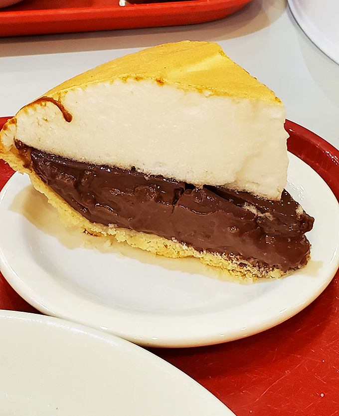 The chocolate cream pie with its perfect meringue top is the dessert equivalent of a mic drop. Half chocolate, half vanilla, all delicious.
