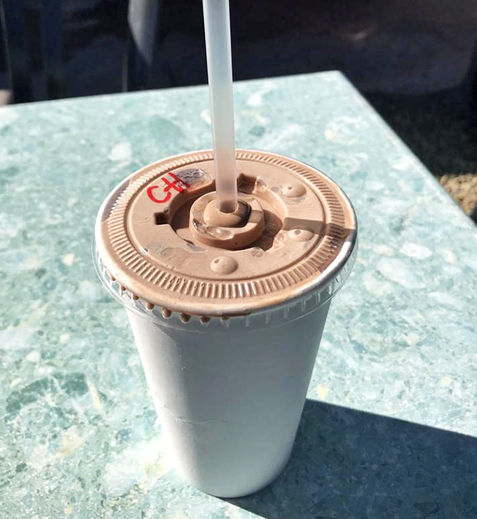 That straw isn't just an accessory – it's a tool for mining liquid gold from a chocolate shake so thick it defies the laws of physics.