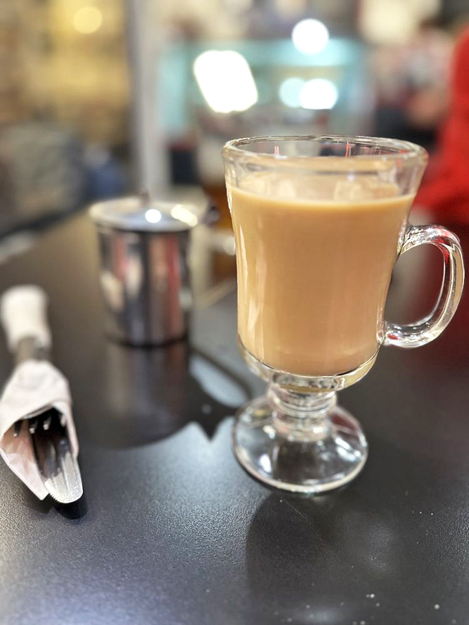 Coffee served in a proper glass mug&mdash;because some morning rituals deserve respect and a vessel worthy of the caffeine carrying such responsibility.