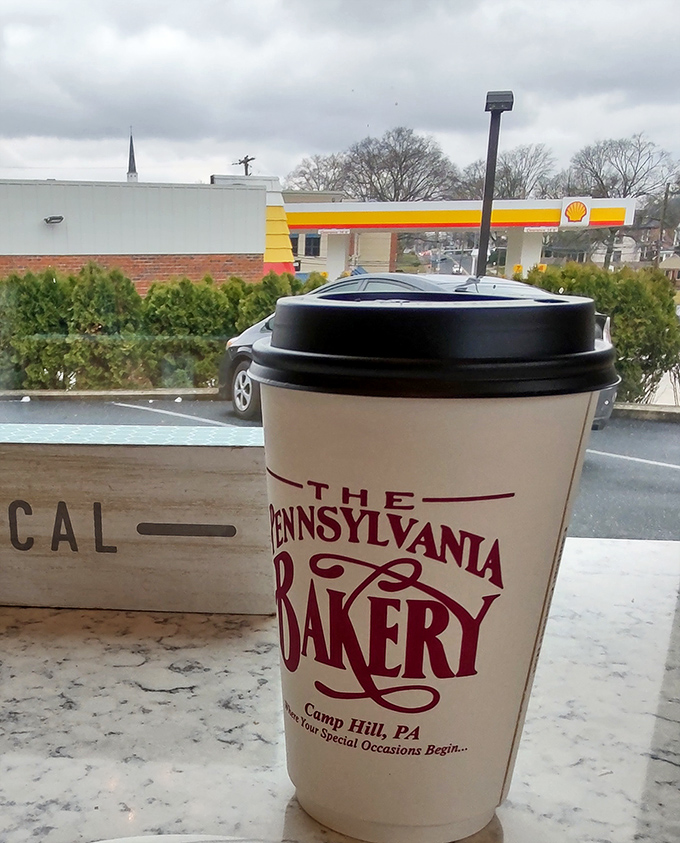 Coffee with The Pennsylvania Bakery's logo - liquid courage for choosing between all those tempting treats.