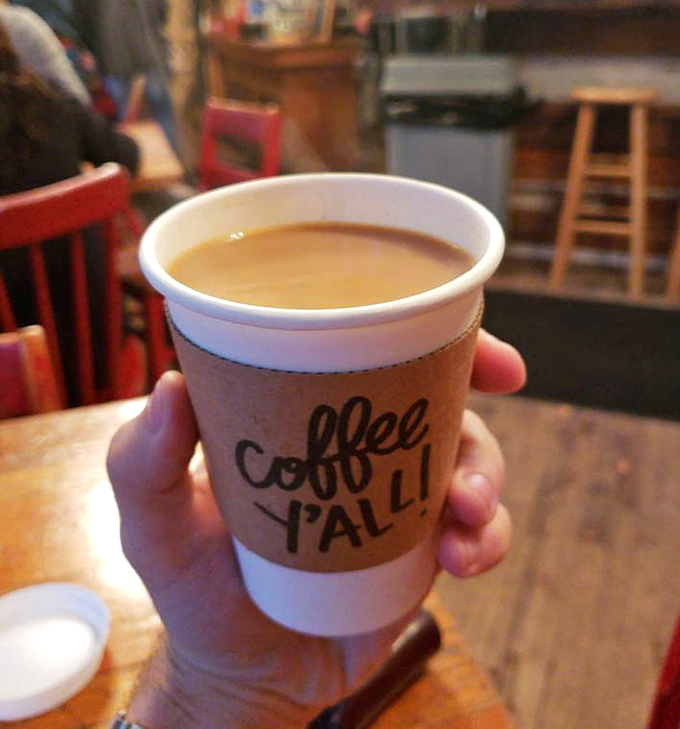 A coffee cup declaring "Coffee Y'all!" is the kind of straightforward enthusiasm we should all bring to our morning rituals.