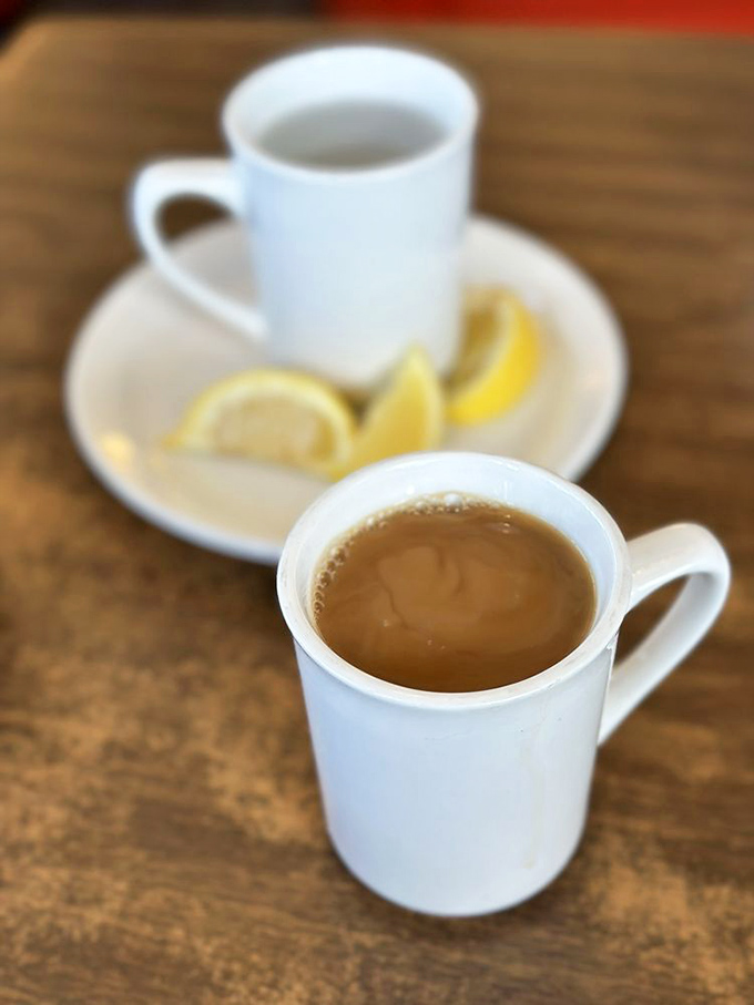 Diner coffee: the magical elixir that somehow tastes better when served in these sturdy white mugs with a side of lemon wedges.