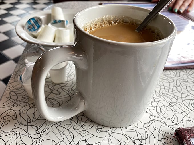 Coffee in a proper diner mug&mdash;substantial enough to warm both hands and strong enough to jump-start your day. No fancy foam art needed.