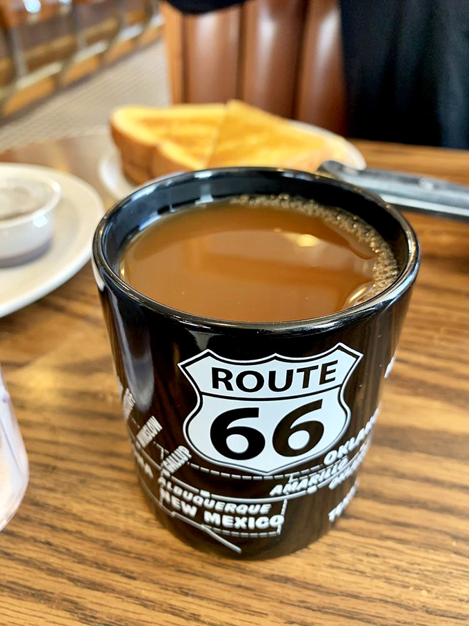 Coffee served in a Route 66 mug &ndash; because regular cups just don't have the backbone to handle diner brew this serious.