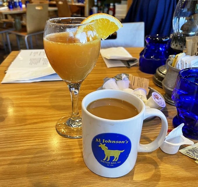 Morning decisions at their finest: robust Swedish coffee in a goat-emblazoned mug or a sunshine-colored mimosa? Why not both? You're on vacation.