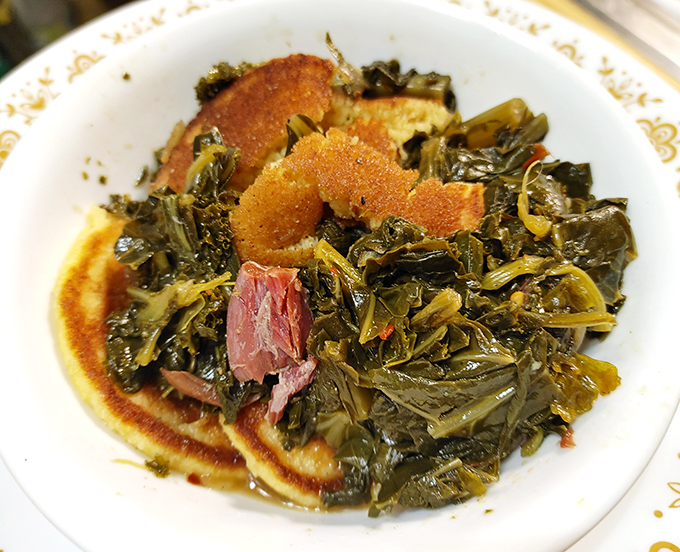 Collard greens that have clearly been introduced to pork and decided to start a beautiful relationship. Southern comfort in a bowl.