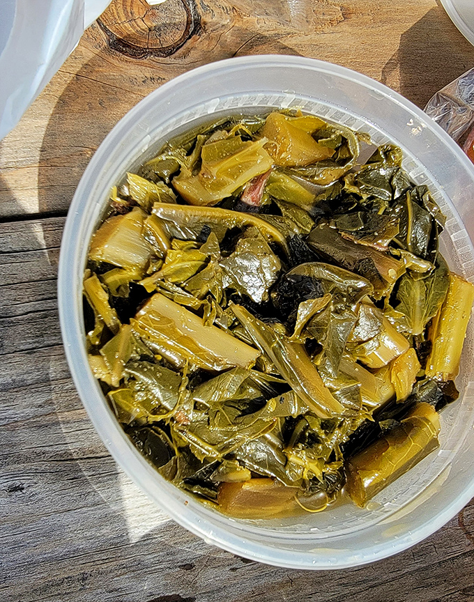 Collard greens that have clearly been simmering with purpose and pork – Southern soul food that makes Californians temporarily forget about kale.