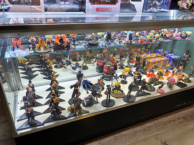 Collectible figurines stand in formation behind glass, like tiny armies ready to march straight from this display case into your nostalgic heart.