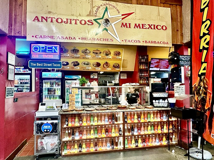 Antojitos Mi Mexico serves up authentic street tacos while an impressive array of colorful bottled sauces stands ready to transform good into magnificent.