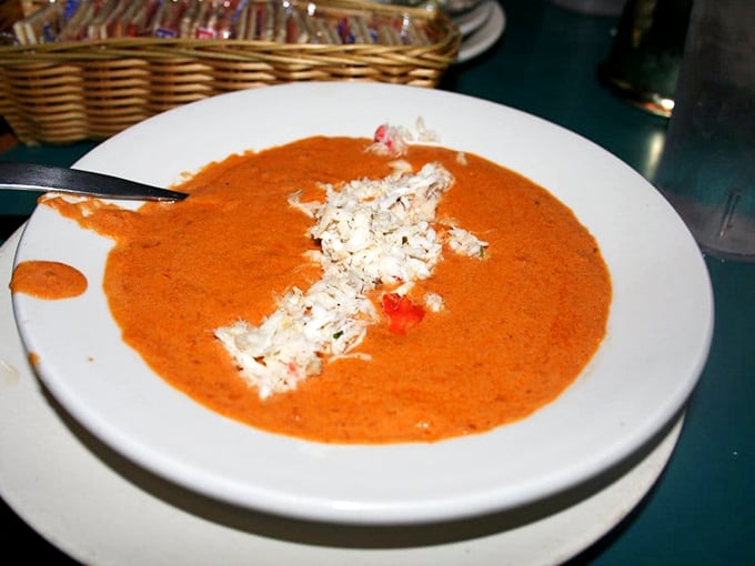 A bowl of creamy bisque topped with crab meat—like a warm hug from the ocean that somehow found its way to Tennessee.