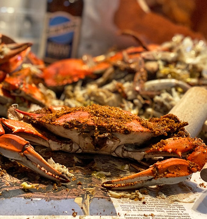 Old Bay-crusted blue crabs in their full glory&mdash;the dish that launches a thousand napkins. This is why Marylanders develop forearm muscles that would make Popeye jealous.