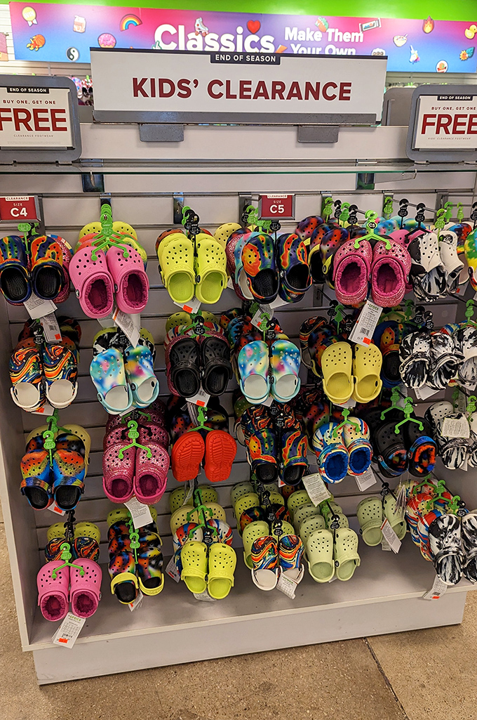 The Crocs clearance wall – where practical footwear meets wild self-expression. Your kids' feet have never been so comfortable or so loudly dressed.