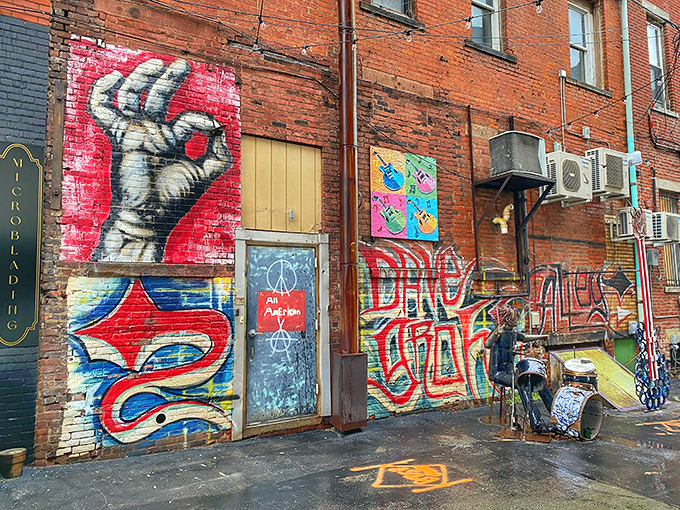 Dave Grohl Alley explodes with vibrant street art, proving that even small Ohio towns know how to rock their creative expression.