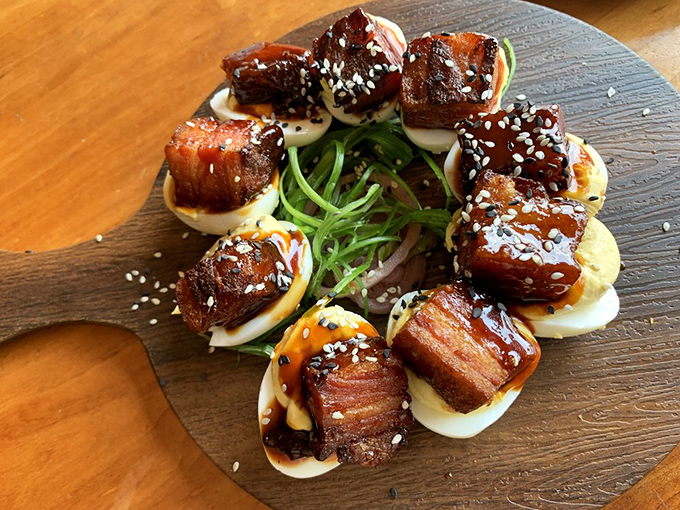 These aren't your grandmother's deviled eggs&mdash;unless your grandmother was secretly a culinary genius with a flair for Asian-inspired pork belly.