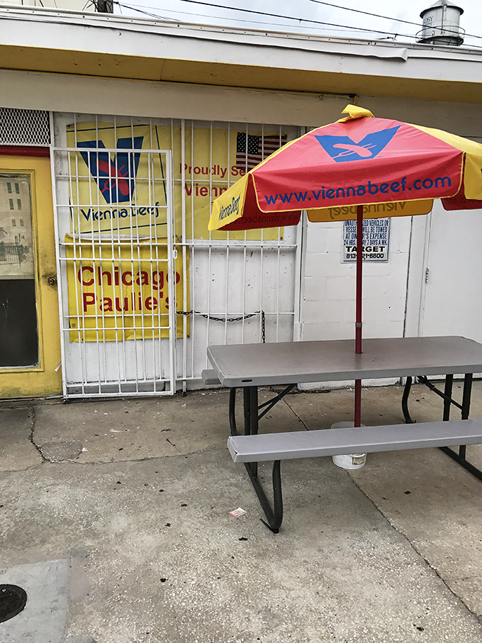 Al fresco dining, Chicago-style. The Vienna Beef umbrella provides shade while you perform the sacred "Italian beef hunch."