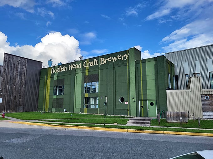 Dogfish Head Brewery's distinctive green facade signals you've arrived at the mothership of craft beer innovation&mdash;prepare your taste buds for adventure!