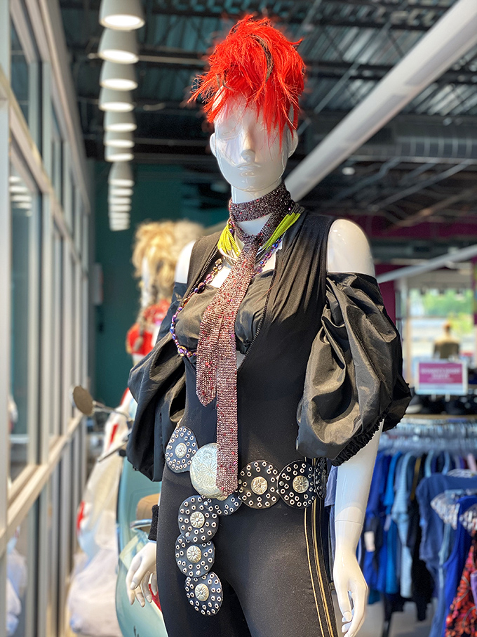 Fashion with attitude! This bold mannequin showcases the kind of statement pieces you'd never find at the mall—unless you're shopping in 2037.